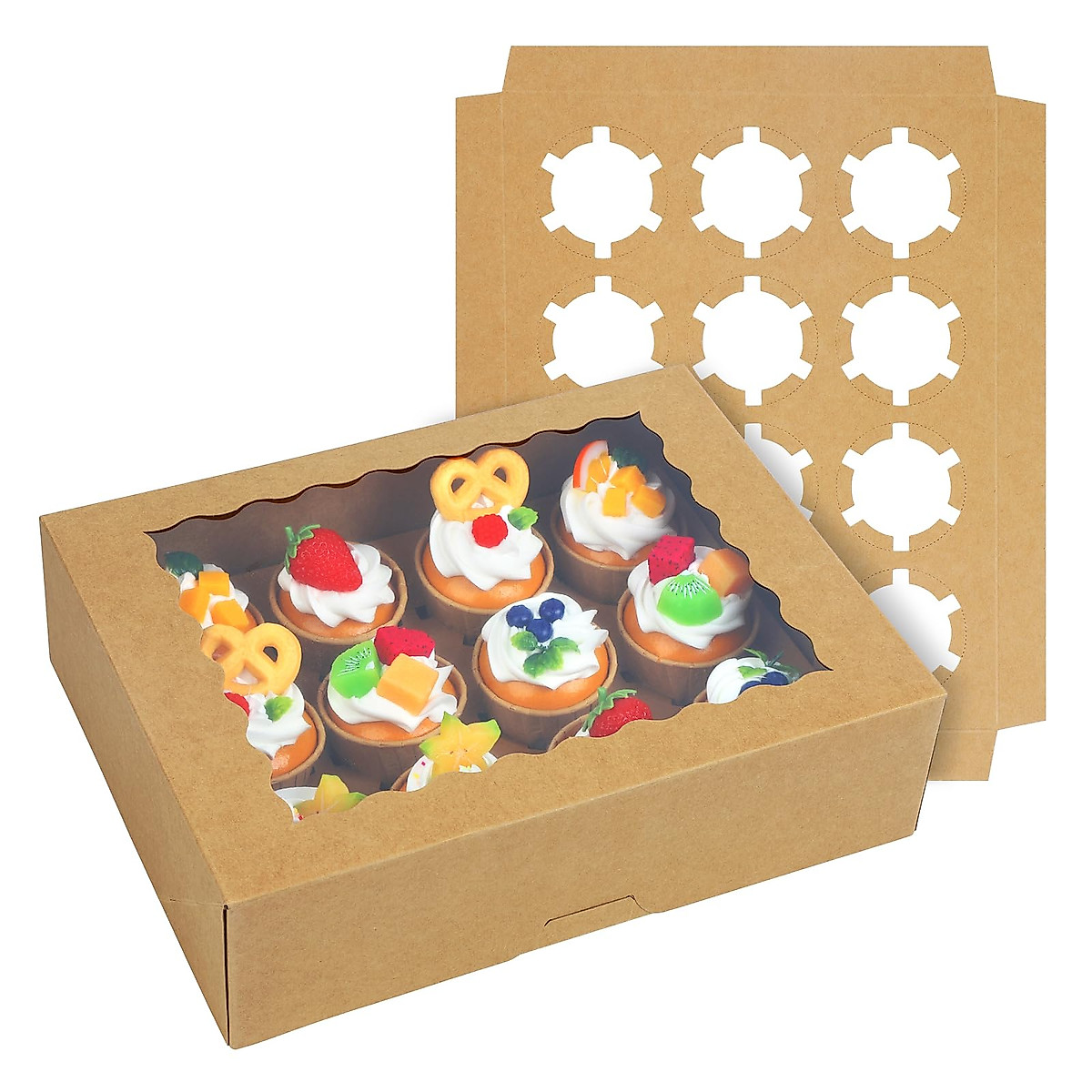 Tcoivs 15-Set Cupcake Boxes Hold 12 Standard Cupcakes, Cupcake Containers with Windows and Inserts, Brown Cupcake Carrier, Food Grade Kraft Cupcake Holders