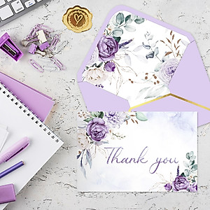 Whaline 24 Pack Purple Floral Thank You Cards with Envelopes Stickers 3 Design Watercolor Flower Greeting Cards Spring Blank Note Cards for Baby Shower Wedding Birthday Party, 4 x 6 Inch