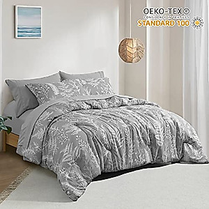 PHF Soft Printed Comforter Sets Queen-7 PCS Bed in A Bag Comforter & Sheet Set-Flowers Botanical Cozy Bedding Set Include Comforter, Pillow Shams, Flat Sheet, Fitted Sheet and Pillowcase, Grey