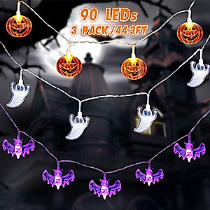 Halloween Lights Decoration String Lights, 3 Pack 44.3FT Battery Operated Fairy Lights 3x30 LED Orange Pumpkin Purple Bat White Ghost String Lights for Indoor/Outdoor Holiday Party Decorations