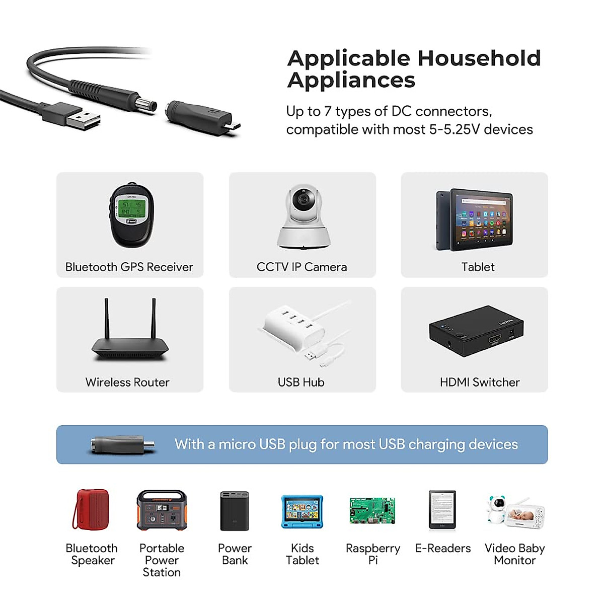 TAIFU USB TO 12V Power Cord/Adaptor Supply Cable 9 Tip Plug for Led Flexible Light Strip, Switch, Router, Surveillance, CCTV Wireless IP Camera, LED, Car baby monitor cordless phone base Power Adapter