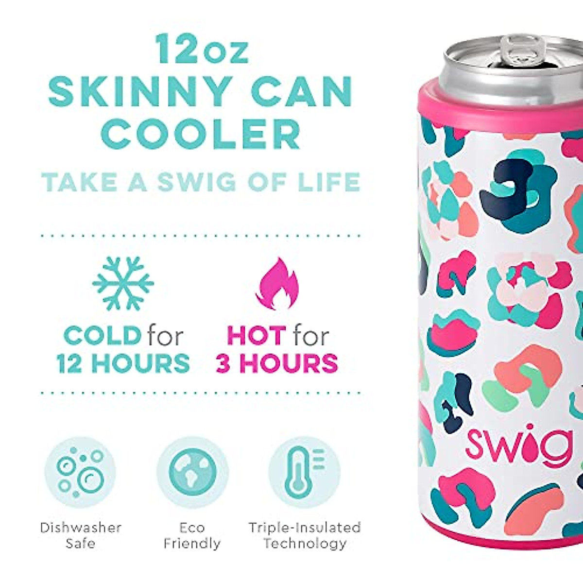 Swig Life Skinny Can Cooler, Stainless Steel, Dishwasher Safe, Triple Insulated Slim Can Sleeve for 12oz Tall Skinny Can Beverages in Party Animal Print