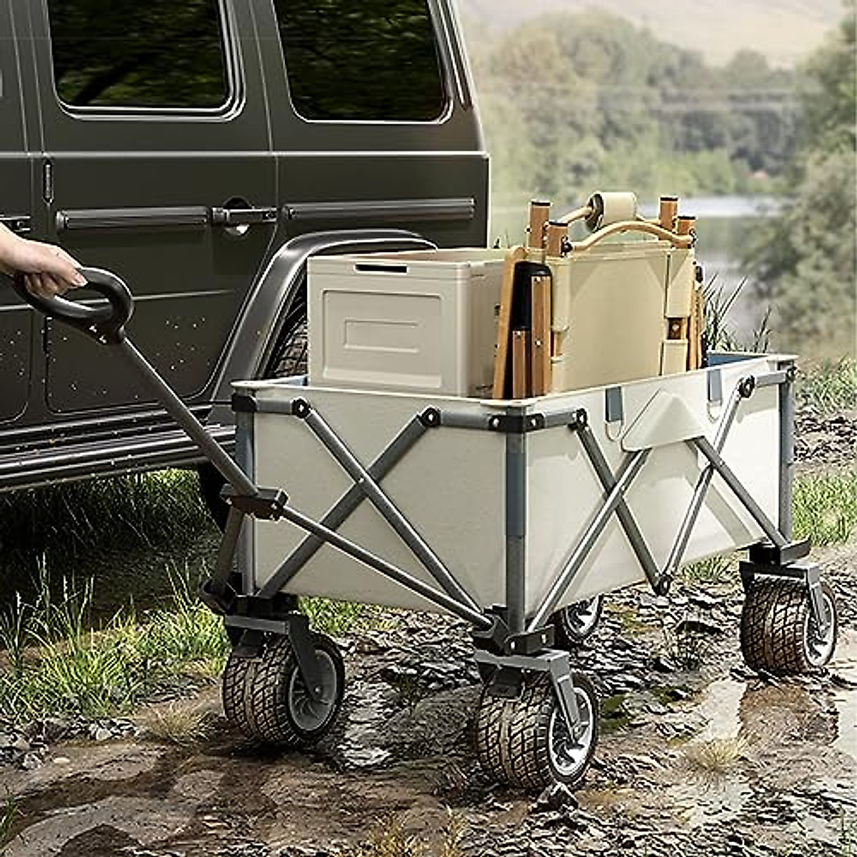 YJSG Collapsible Folding Wagon Garden Cart,White Garden Carts,Beach Wagon Grocery Wagon Wagon Sports Utility Off-Road Wheels with Brakes Wagon Cart 200Kg Load Camping Cart
