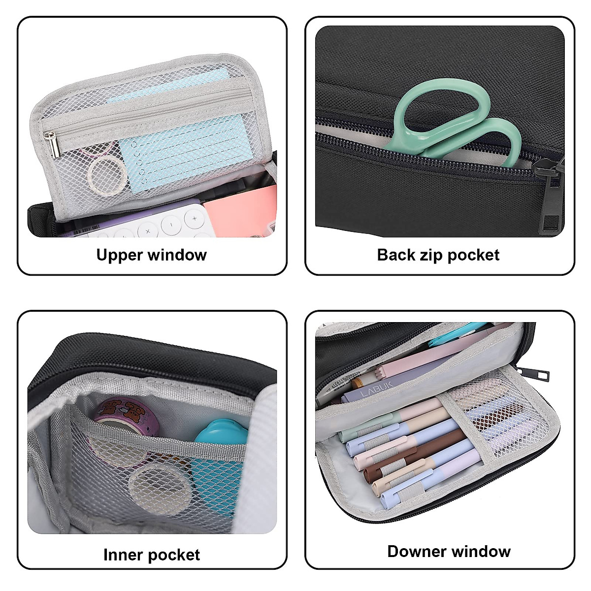 LABUK Pencil Case, Black Big Capacity Pencil Pouch, Stationery Bag School College Office Organizer for Teens Girls Men Women Adults Students Preppy