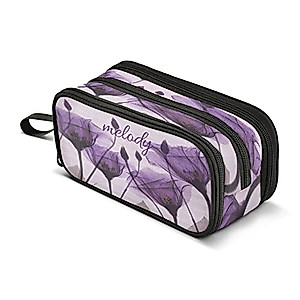 Custom Big Capacity Pencil Pen Case Personalized Multi-purpose Zipper Waterproof Pouch Pencil Holder Stationery Storage Pencil Bag School College Office Organizer for Girl Boy Teen Adult Purple Floral