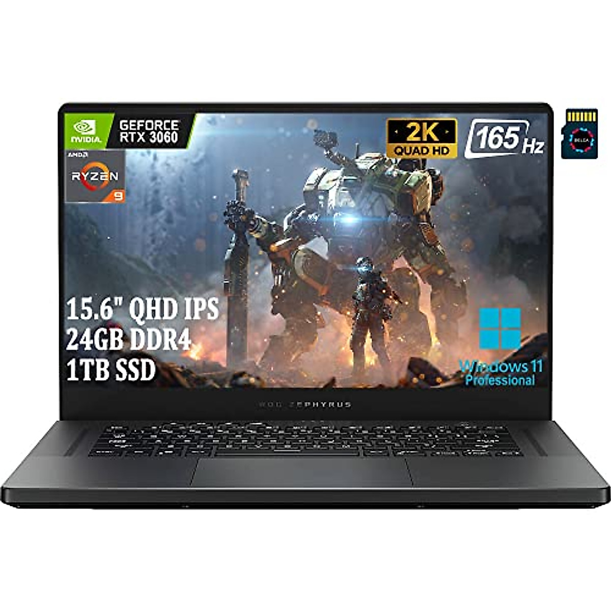 ASUS ROG Zephyrus G15 Gaming Laptop | 15.6" QHD 165Hz IPS (100% DCI-P3) | AMD 8-Core Ryzen 9 5900HS | 24GB DDR4 1TB SSD | GeForce RTX 3060 6GB | Backlit Fingerprint Win11 Pro + 32GB MicroSD Card