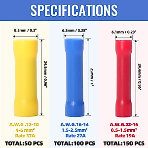 Qibaok 300 PCS Butt Splice Crimp Connectors Insulated Electrical Straight Wire Terminal Connectors 10-22AWG