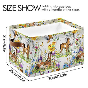 Kigai Storage Basket Field Horses Foldable Canvas Laundry Baskets Bin Waterproof Inner Layer with Sturdy Handles for Toy Nursery Blanket Clothes 1 Pack