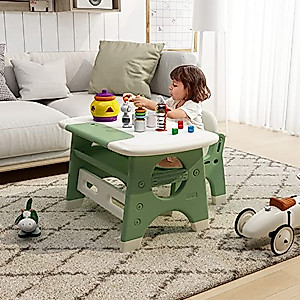 BanaSuper Kid's Drawing Table and Chair Set with Erasable Board Watercolor Pens Plastic Activity Table for Toddlers Children Desk Snack Time Homeschooling Homework Gift for Boy & Girl (Green)