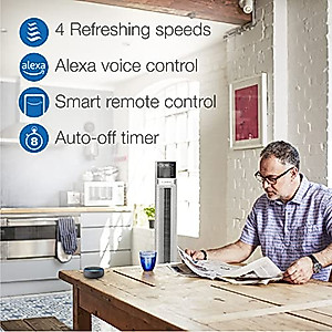 Lasko Works with Alexa Oscillating Tower Fan, Voice Controlled, 4 Quiet Speeds, Sleep Mode, Timer, Bedroom, Living Room, 48", White, T48401