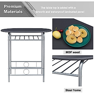 VECELO 3 Piece Small Round Dining Table Set for Kitchen Breakfast Nook, Wood Grain Tabletop with Wine Storage Rack, Save Space, 31.5", Black & Silver