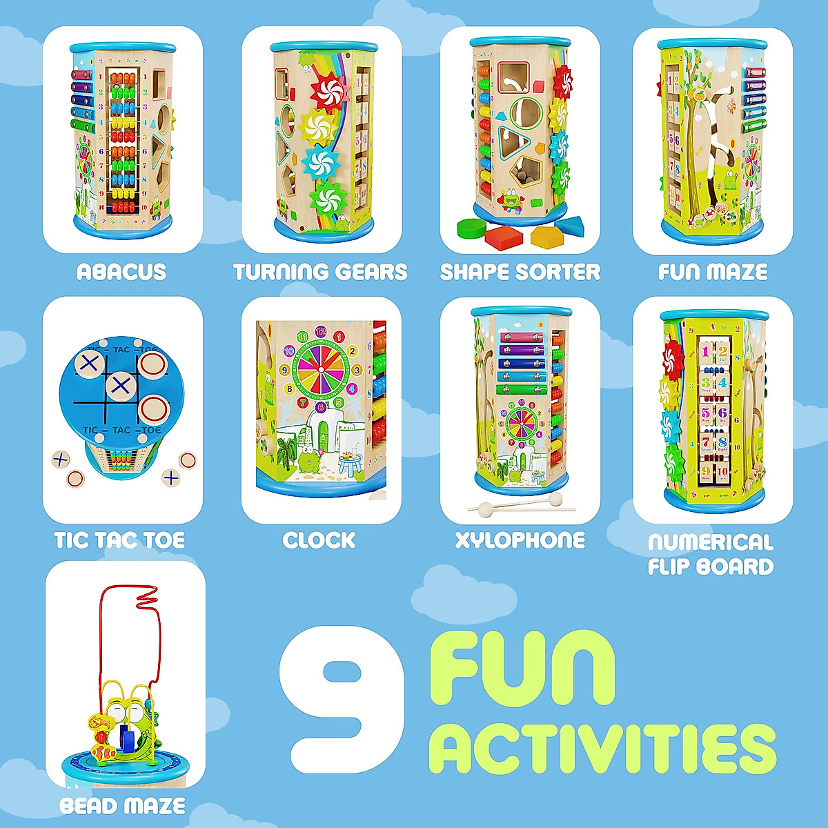 Wooden Activity Cube for Toddlers 1-3 with Bead Maze - Birthday Gift Busy Baby Activity Cube for Babies 12 Months - Standing Wood Sensory Learning Cube Play Center Toys for 1 Year Old Boys & Girls