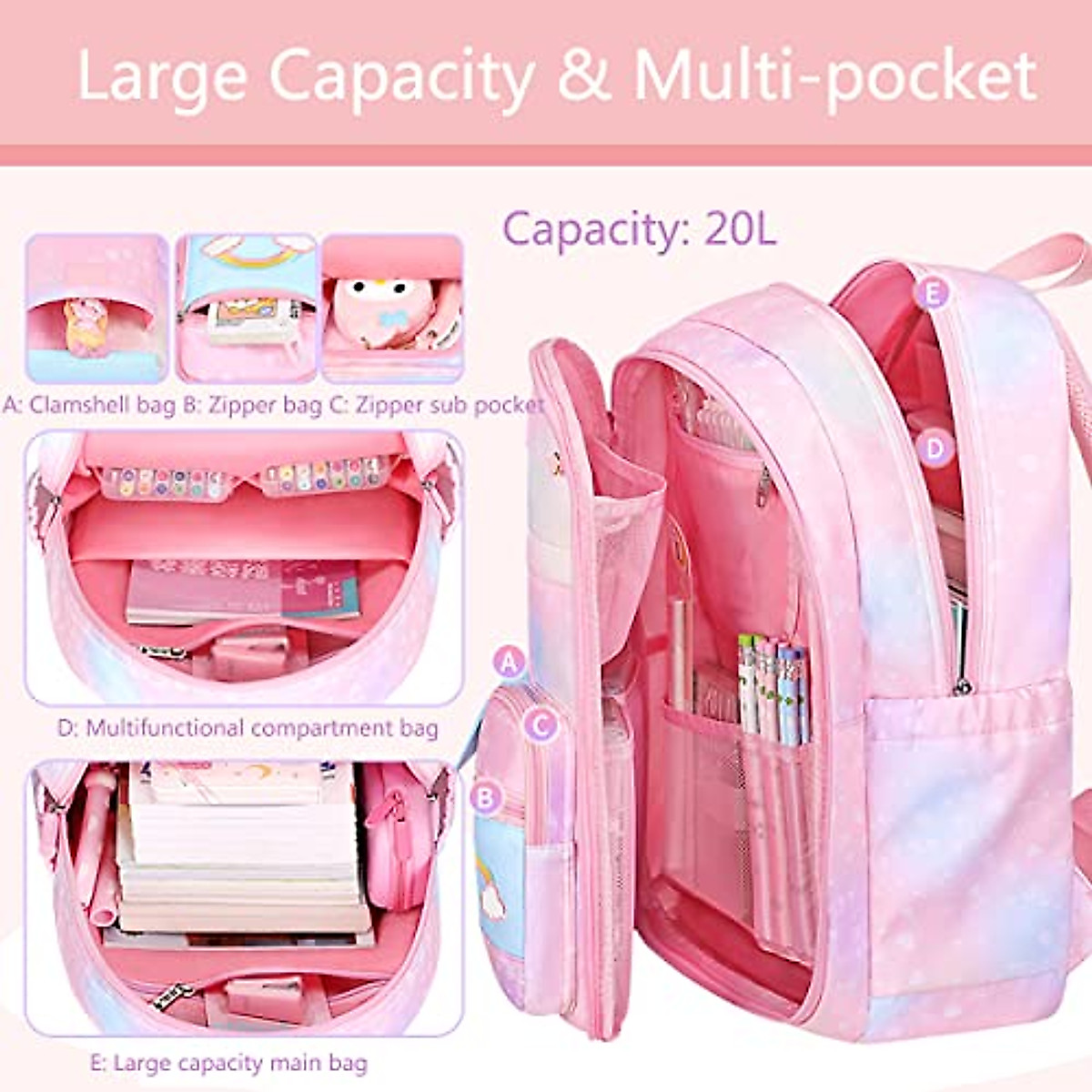 Lmeison Backpack for Girls School Backpacks for Girl Cute Bookbag Kawaii Kids School Bag Blue Rainbow Back Pack for Elementary School Middle School Teen Backpacks Casual Daypack for Travel