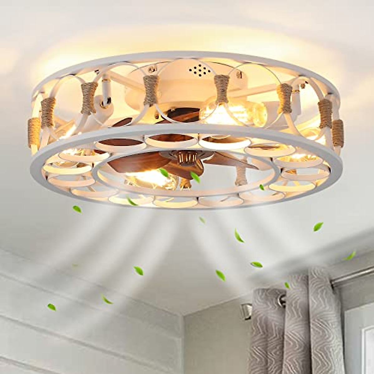 BUXVRCS 19.68'' Flush Mount Caged Ceiling Fan with Lights, Farmhouse Rustic Low Profile Ceiling Fans, 4-Light Vintage Enclosed Ceiling Fan Lighting Fixture Remote Control (Including 5 Bulbs) (White)