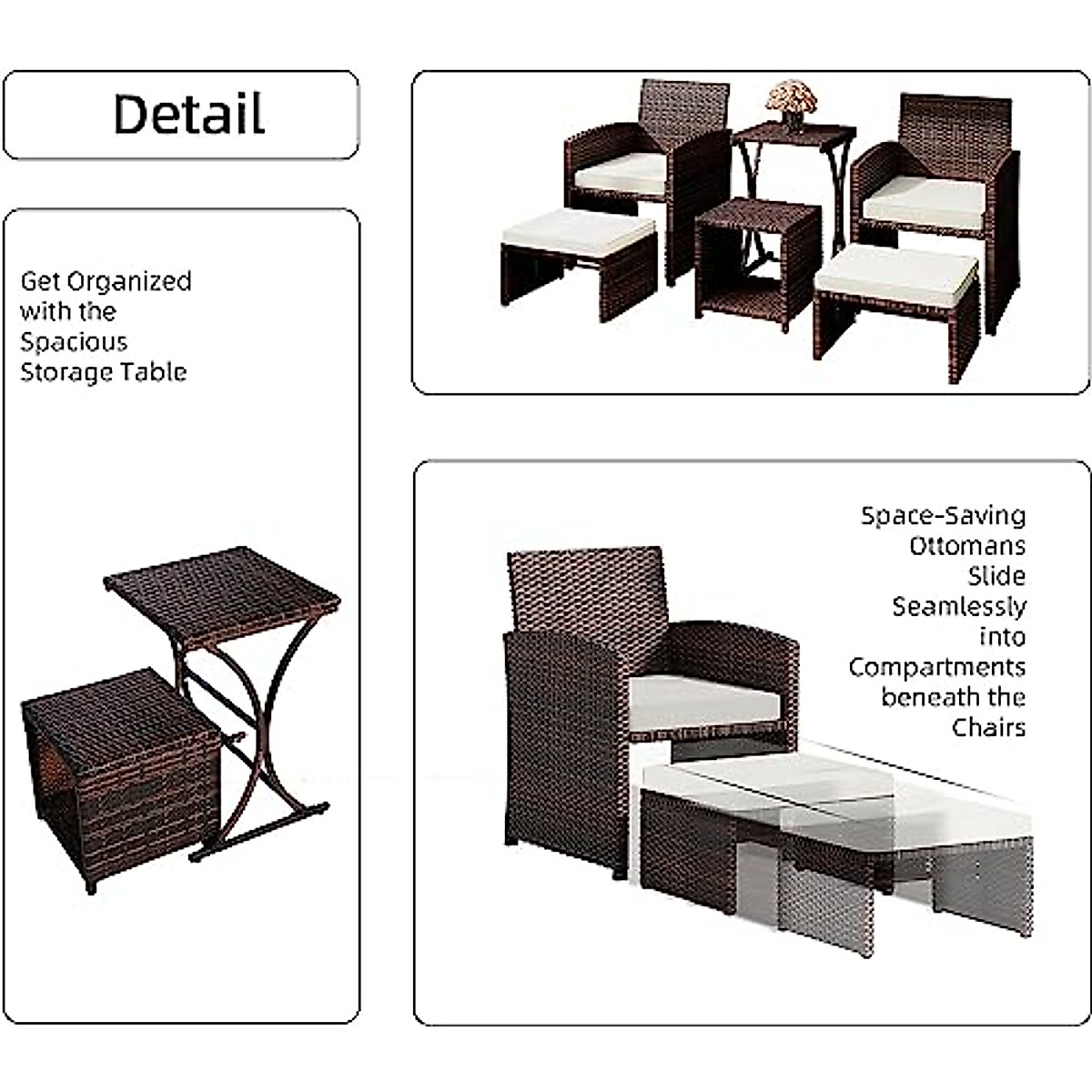 Esmlada 6 Piece Patio Furniture Conversation Set with Ottoman, Outdoor Brown Wicker Chair and Table Set with Beige Cushion, Balcony Furniture for Apartments. (Brown)