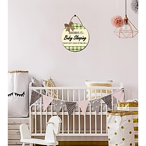 Sokomurg Shhh... Baby Sleeping Sign for Front Door,Please Don't Knock or Ring Bell Hanging Sign Plaque, Round Rustic Wooden Door Hanger for Baby Room, Nursery, Kindergarten, Bedroom, Door Knob Door Decor