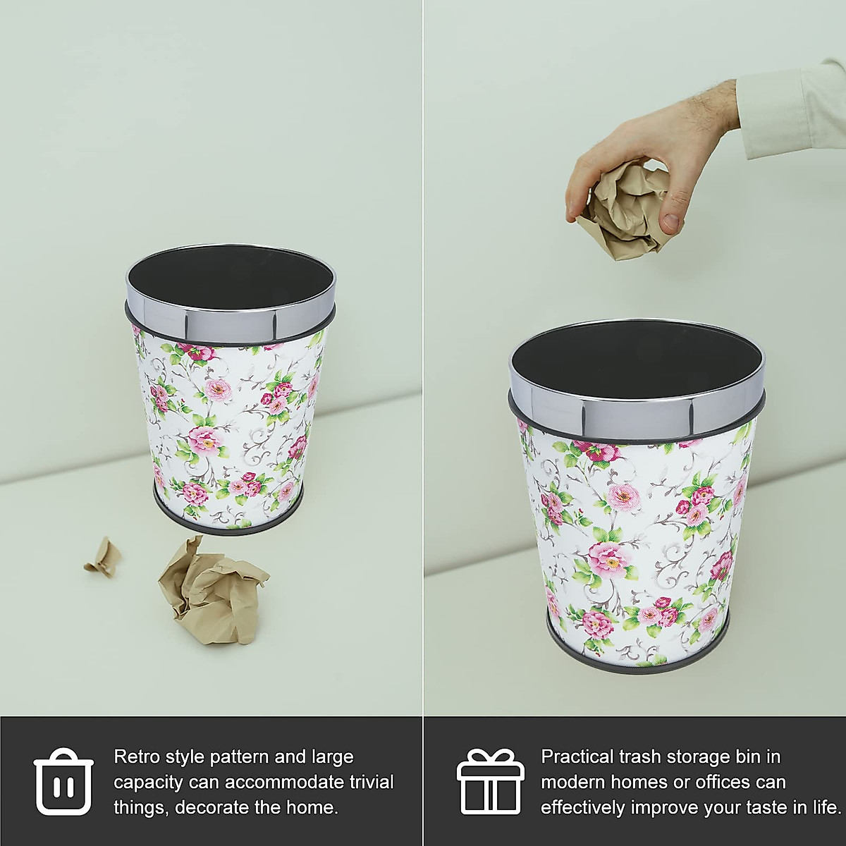 BESPORTBLE Large Laundry Hamper Trash Can Wastebasket Flower Garbage Bin for Bathroom Kitchen Bedroom Office Holds Trash Waste Garbage Recycling 6L Stainless Steel Trashcan