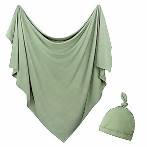 Aijoviko Newborn Swaddle Blanket with Hat Set Baby Swaddle Set Hospital Receiving Blankets for Girls Boys(Olive,35"*35")