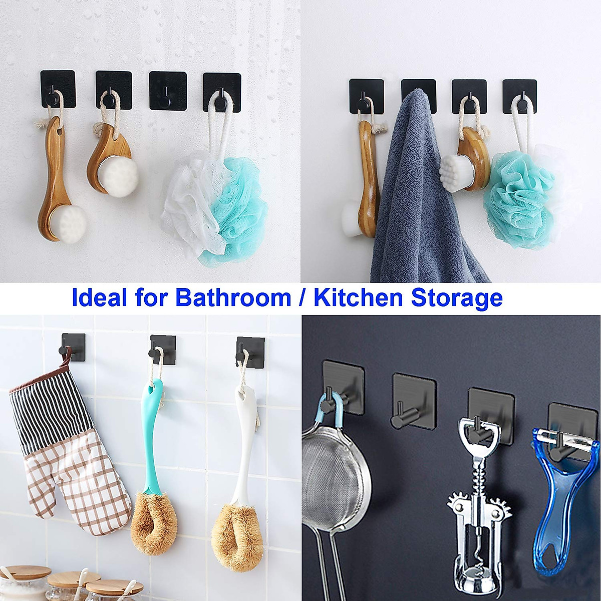 LOOGI Adhesive Hooks, Door Hooks Heavy Duty Towel Hooks Stick on Wall Waterproof Stainless Steel Robe Hanger for Hanging Bathroom Kitchen Home Black 4 Pack
