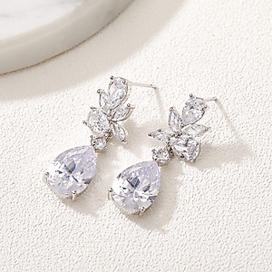SWEETV Elegant Bridal Wedding Earrings for Brides, Bridesmaids, Cubic Zirconia Teardrop Dangle Earrings for Women Formal Jewelry, Silver
