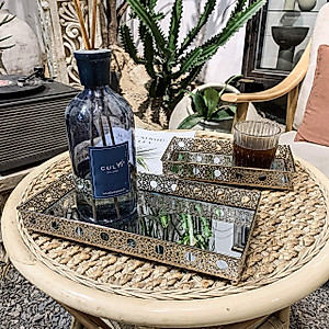 Tricune 2Pcs Perfume Tray - Bathroom Vanity Tray - Mirror Tray - Set of 2 Decorative Perfume for Dresser Jewelry Organizer Makeup Glass Tray 12.5 X 6.3 + 9.5 X 5 Inch Silver