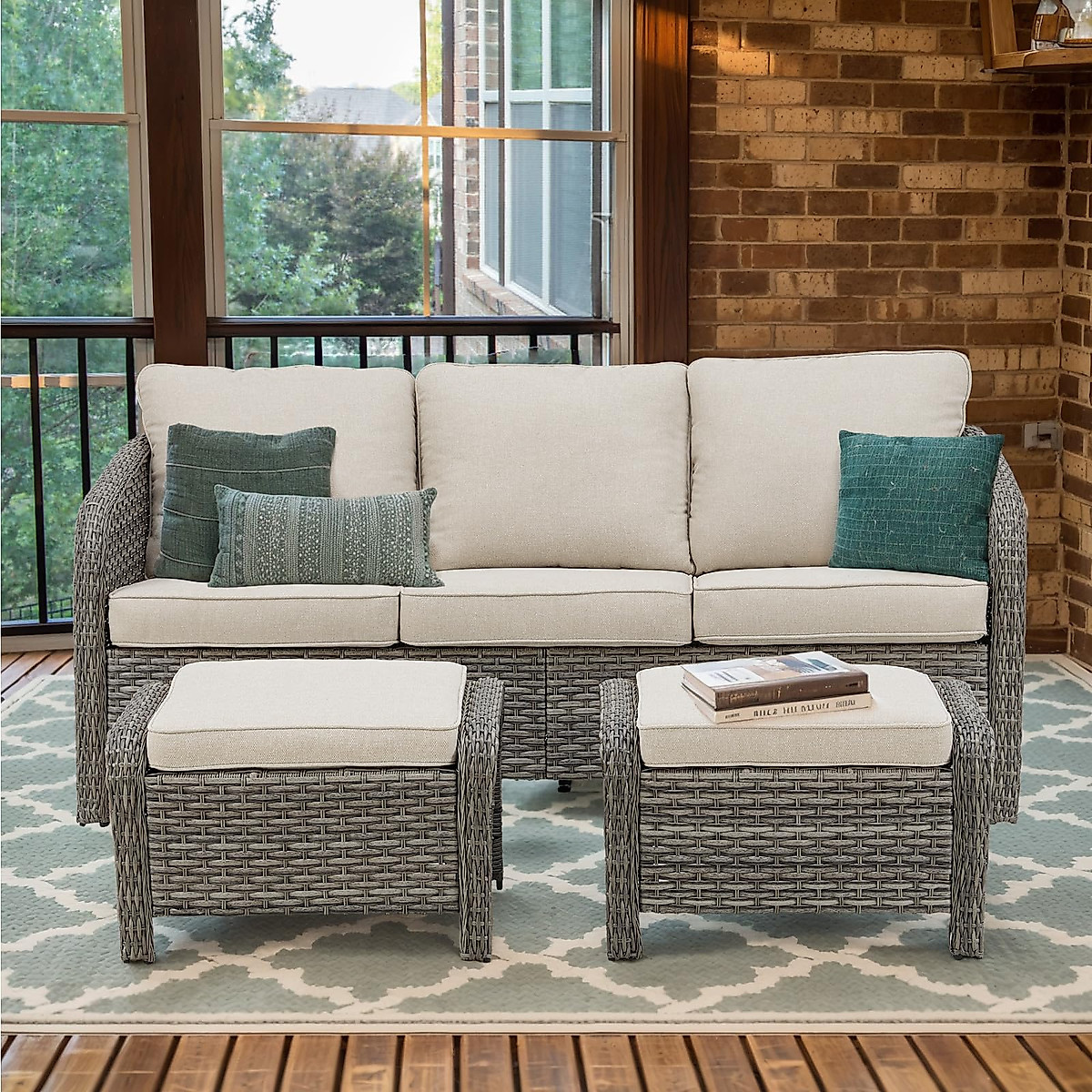 LUMIINOFAMI 3 Piece Patio Couch PE Wicker 3-seat Sofa, 73.6'' Long Outdoor Couch Patio Sofa with 2 Ottoman, Barrel-Shaped Wicker Sofa Outdoor Furniture Rattan Wicker Sofa for Patio Deck Porch