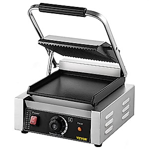 Happybuy Commercial Sandwich Panini Press Grill,110V 1800W Up Grooved and Down Flat Plates Electric Sandwich Maker, Temperature Control 122°F-572°F for Hamburgers Steaks Bacons