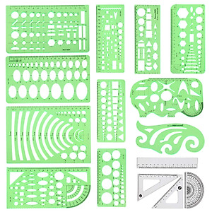 Geometric Drawings Templates Measuring Geometry Rulers 15 Pcs with 1 Pack File Bag for Design School Studying Office Building…