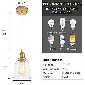 IMPIOIO Gold Pendant Light Seeded Art Glass Shade Mini Modern Hanging Light Fixture for Dining Roon, Over Sink, Hallway, Foyer