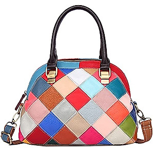 Downupdown Genuine Leather Handbags Women Top Handle Handbags Multicolor Square Splice Satchel Bag Tote Purse with Long Strap