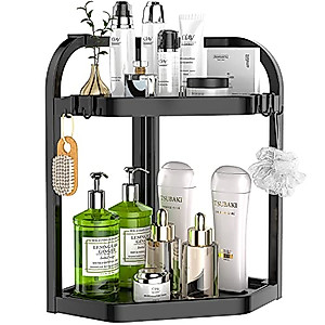 2-Tier Corner Bathroom Counter Organizer with Hooks, COORACK Bathroom Trays for Counter Vanity Organizer, Bathroom Sink Organizer Kitchen Spice Rack for Bathroom, Bedroom, Kitchen (Large)