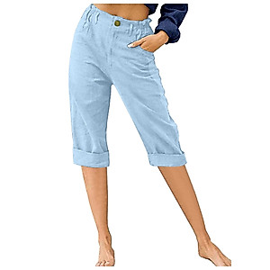 Stessotudo Capris for Women Summer Casual Elastic High Waist Linen Pants with Pockets Wide Cropped Leg Loose Trousers 2023