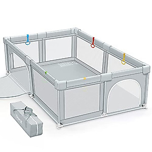 Dripex Baby Playpen, 79"×59" Play Pens for Babies and Toddlers, Safe Anti-Fall Play Yard with Gates, Baby Fence with Breathable Mesh, Indoor & Outdoor Kids Activity Center, Ash Grey