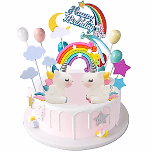 MOVINPE 21pcs Unicorn Cake Topper Kit Cloud Rainbow Balloon Happy Birthday Banner Cake Decoration For Boy Girl Kid Birthday