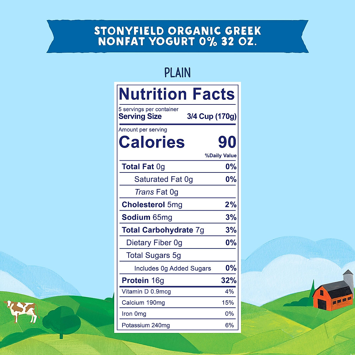 Stonyfield Organic Greek Nonfat Yogurt, Plain, 32 oz. – High in Protein (16g), 0% Fat; Multiserving Yogurt Snack & Cooking Substitute