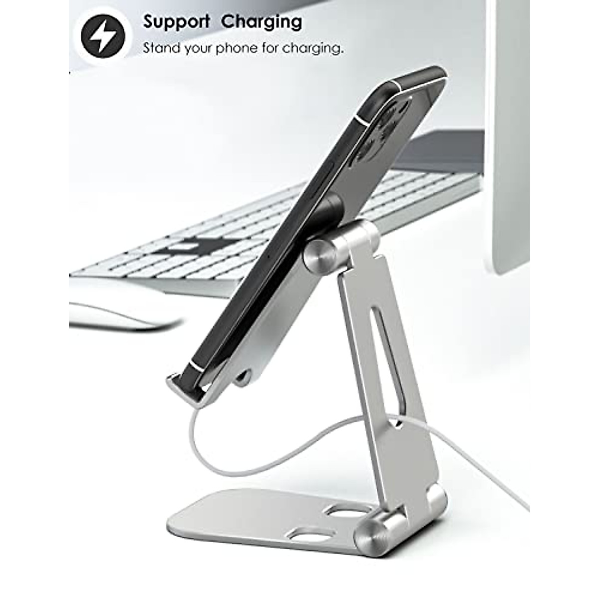 KTRIO Adjustable Cell Phone Stand, Aluminum Phone Stand for Desk, Foldable Phone Holder Compatible with iPhone 13 Pro Max 11 12 Xr 8 7 SE, Pad, Tablet, Smartphone - Silver