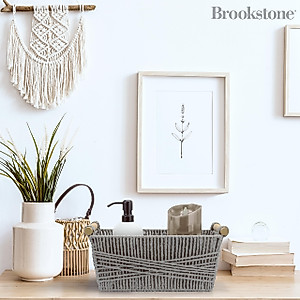 BROOKSTONE, [2 PIECE SET] Wicker Storage Basket with Crafted Wood Handles, Organization and Storage Container, Decorative Shelf Bin, Over the Toilet Paper Reserve, Suitable for Any Home Décor Style