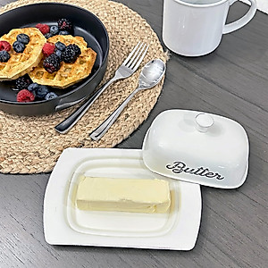 AuldHome Farmhouse White Butter Dish, Vintage Style Enamelware Butter Dish with Cover