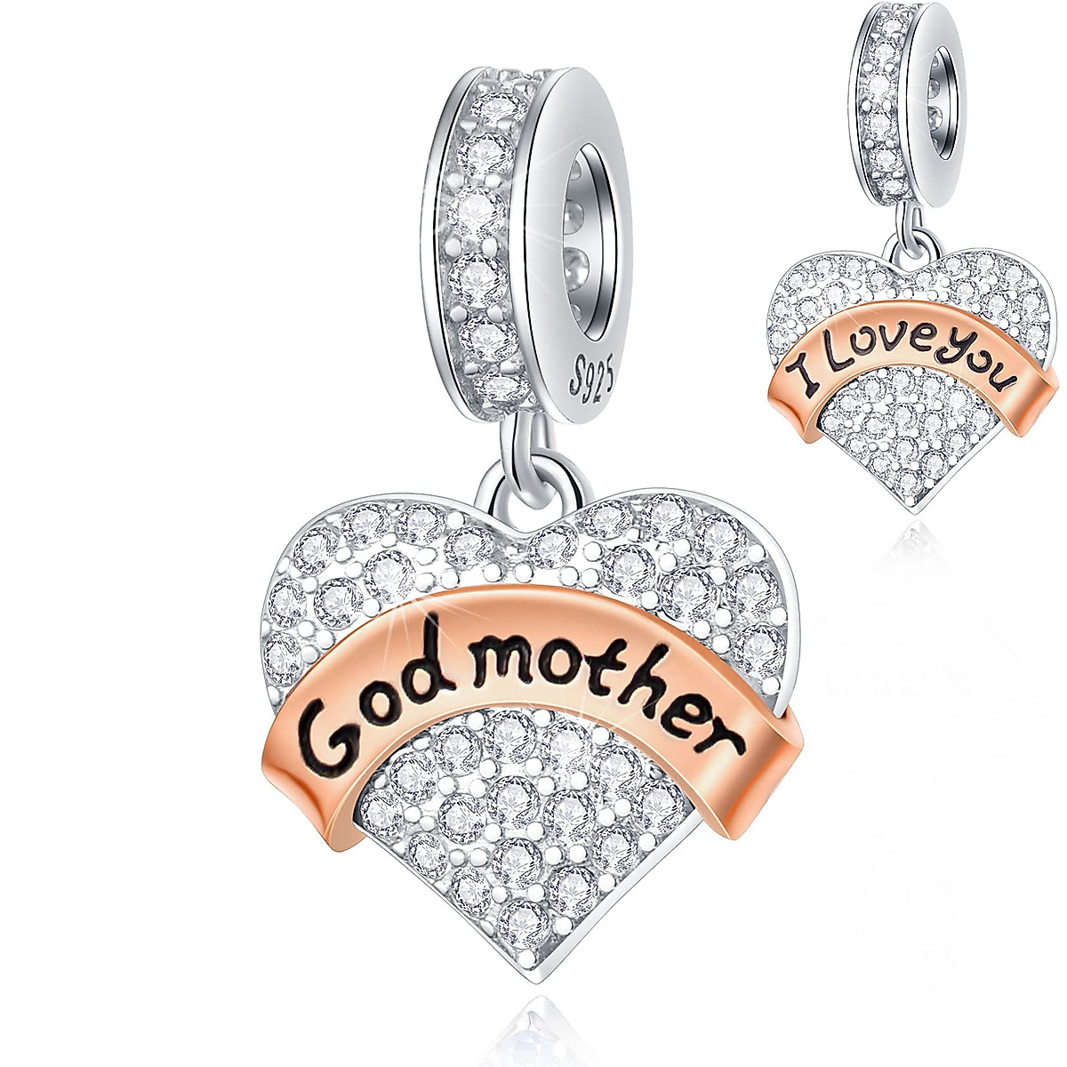 I Love You Godmother Heart Charms in 925 Sterling Silver, fits Pandora Mothers Day Bracelet, Sparkle CZ God Mom Pendant Beads with Rose Gold Ribbon, Gift for Christmas/Godmom
