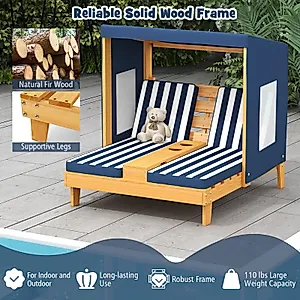HONEY JOY Kids Chaise Lounge Chair Outdoor, Toddler Wood Double Pool Lounger Chairs w/Canopy, Cup Holders, Removable Stripped Fabric Cushions, 2-Person Kids Patio Furniture for Backyard (Navy Blue)