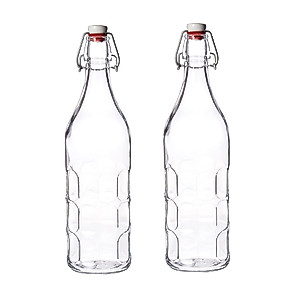 Bormioli Rocco Set Of 2 Moresca Bottles, 33.75 Oz. Clear Textured Glass, With Swing Top Hermetic Lid, Leak Proof Water Bottle, Dishwasher Safe, Made In Italy