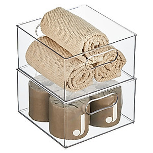 mDesign Deep Plastic Stackable Storage Organizer Container Bin, Bath & Shower Organization for Cabinet, Cupboard, Shelves, Counter, or Closet - Holds Shampoo, Vitamins, Ligne Collection, 2 Pack, Clear