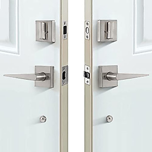 MIRUO Front Door Handle Set Double Door Handle Set with Dummy Heavy Duty Double Door Lock Set, with Single Cylinder Deadbolt and Lever Handle, Compatible with Right & Left Handed Doors (Satin Nickel)