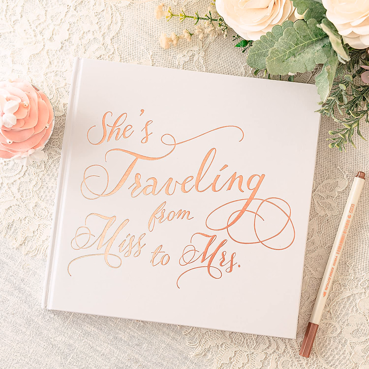 Calculs She's Traveling from Miss to Mrs Polaroid Bridal Shower Guest Book 8.5" Square Bride to Be Scrapbook, White Cover, Rose Gold Foil Stamping, Blank White Pages for Instax