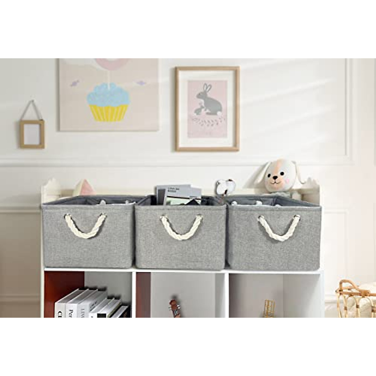 Large Storage Baskets Organizer, Fabric Collapsible Storage Bins, Closet Organizers and Storage Baskets for Organizing Gifts Empty Shelves Home Towel (Grey, 3 Pack)