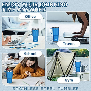 20 oz Insulated Coffee Mug with Ceramic Coating, Stainless Steel Travel Mug Tumbler with Handle Lid and Straw, Double Wall Leak-Proof Thermos Coffee Travel Mug Keeps Drink Hot and Cold (Blue)