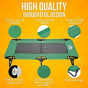Elevated Dog Cot with Steel Frame - Foldable Raised Play and Rest Bed for Dogs and Cats - Heavy Duty Strong Material - Pet Cot with Bonus Storage Bag (Large 42” x 24” x 8”, Green)