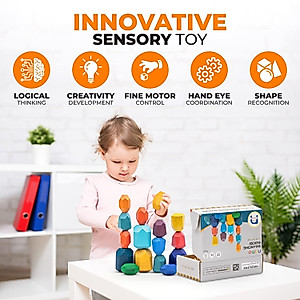 Niino 16 Pcs Wooden Blocks-Wooden Stone Balancing Blocks- Wooden Stacking Toys-Wooden Stones Building Blocks-Stacking Rocks-Colorful Natural Rainbow Stacking Sensory Toy… (20, Multicolor)