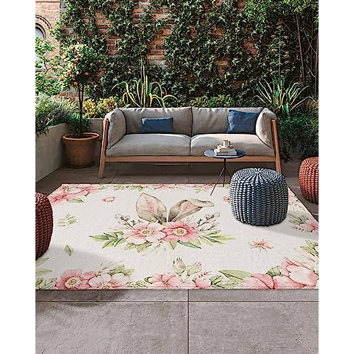 Easter Outdoor Rug for Patio/Deck/Porch, Non-Slip Area Rug 5x8 Ft, Bunny Ears Pink Spring Floral Botanical Rustic Burlap Indoor Outdoor Rugs Washable Area Rugs, Reversible Camping Rug Carpet Runner