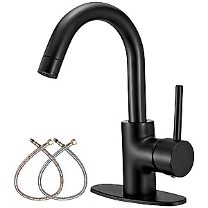 PHICHI Matte Black Bar Sink Faucet, Single Handle 1 Or 3 Hole Stainless Steel Gooseneck Faucets for Bathroom Outdoor with Hot & Cold Water Supply Lines